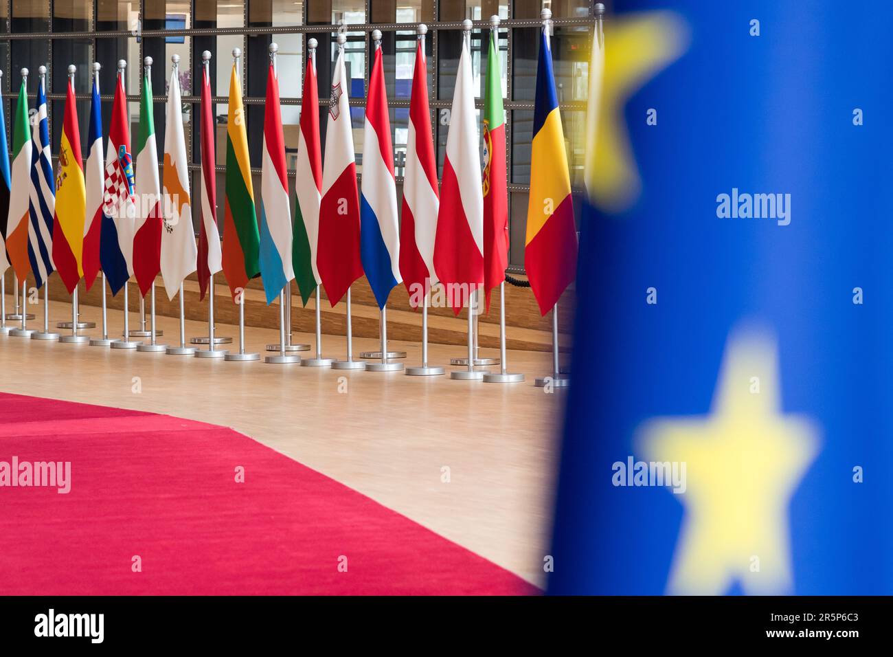 Grand entrance atrium of Council of the European Union Europa building ...