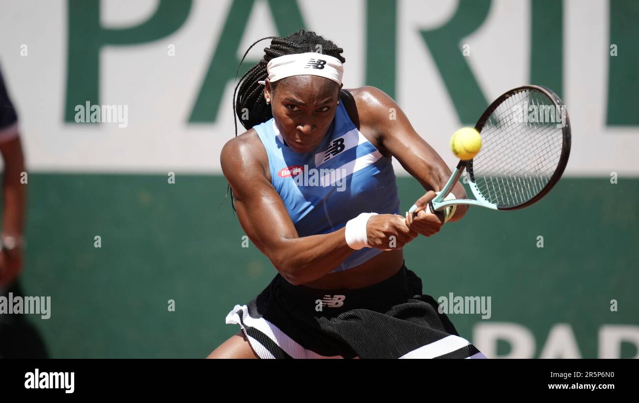Coco Gauff of the U.S. plays a shot against Russia's Mirra Andreeva during their third round ...
