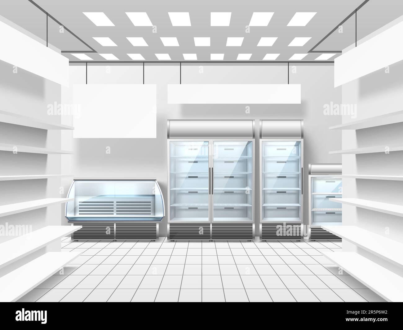 Food store interior empty fridges. Trading floor with shelves ...