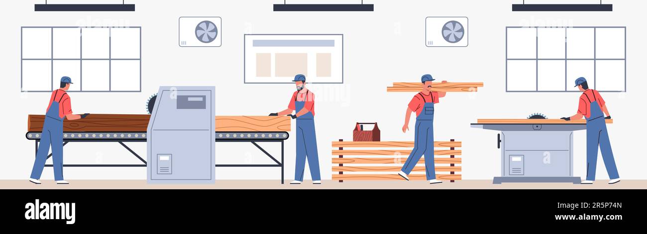 Woodworkers in workshop. Lumberworking machines, carpentry industry ...