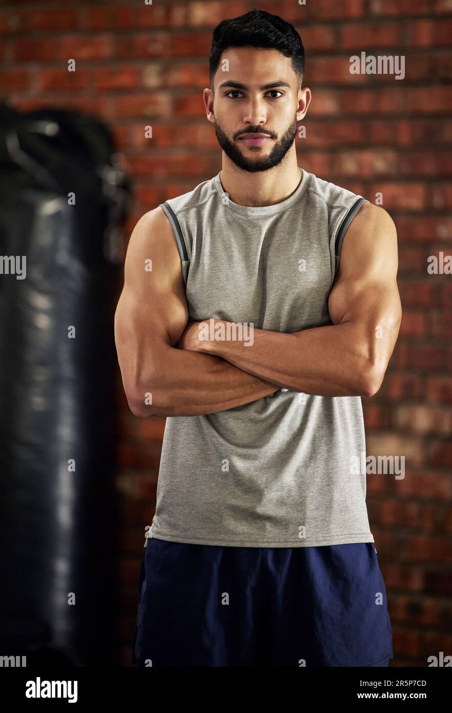 Fitness, muscle and portrait of man in gym with arms crossed for ...