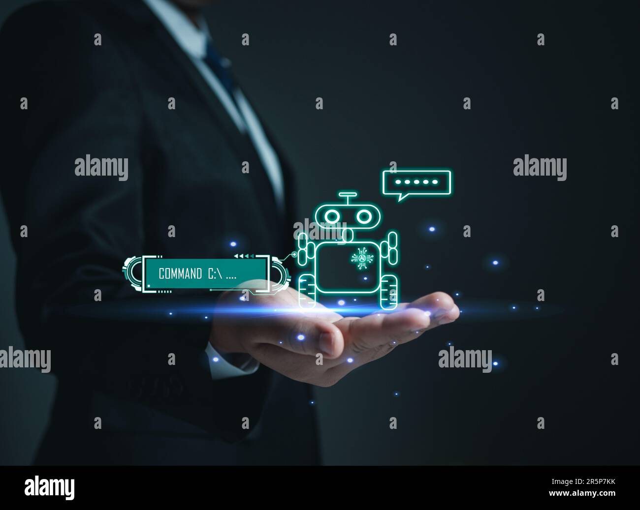 Businessman hand holding an AI model. Show chat with ai system. Concept ...