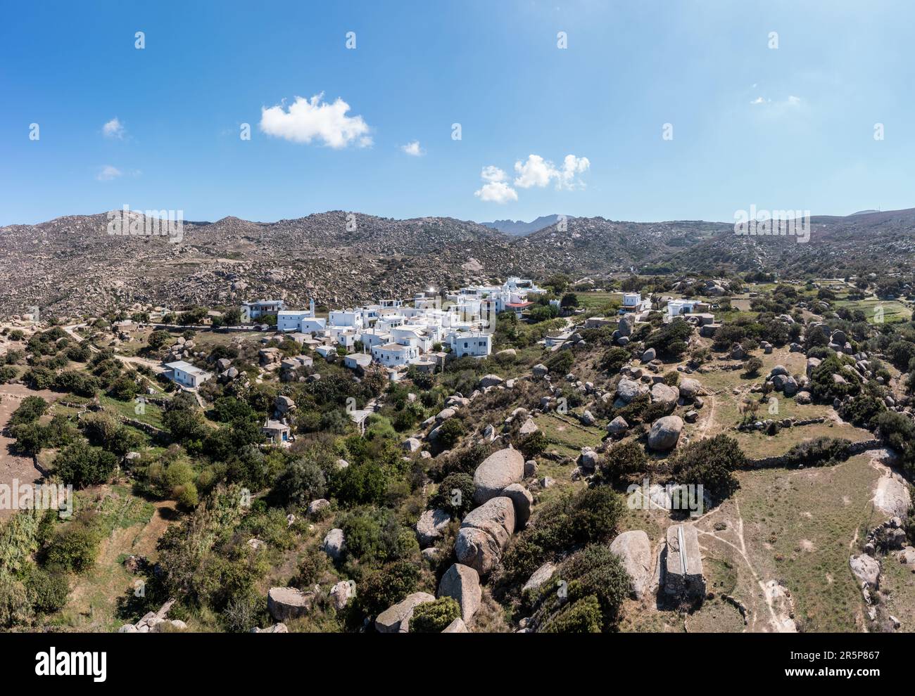 Greece. Tinos island Cyclades. Panoramic view of house at Volax village ...