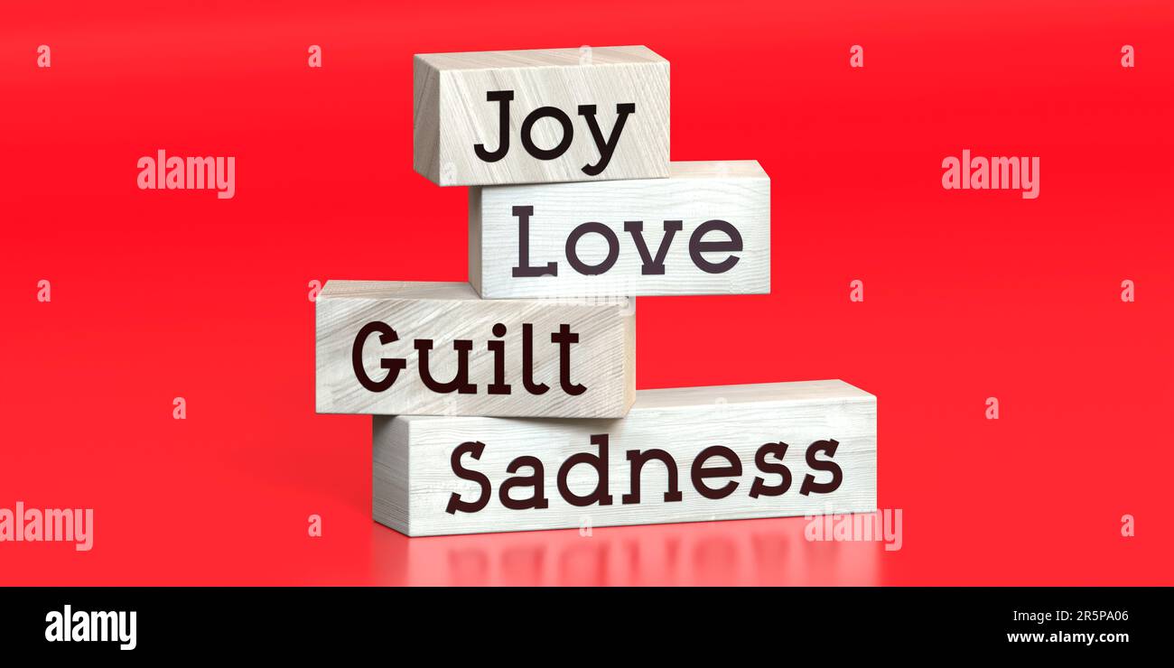 Joy, love, guilt, sadness - words on wooden blocks - 3D illustration ...