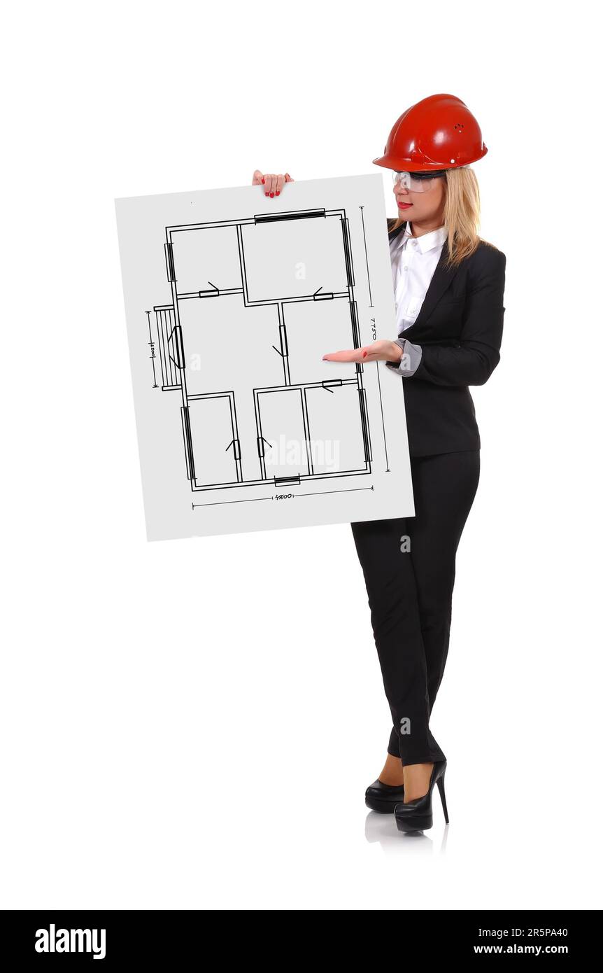 Engineer woman holding poster with drawing blueprint Stock Photo - Alamy