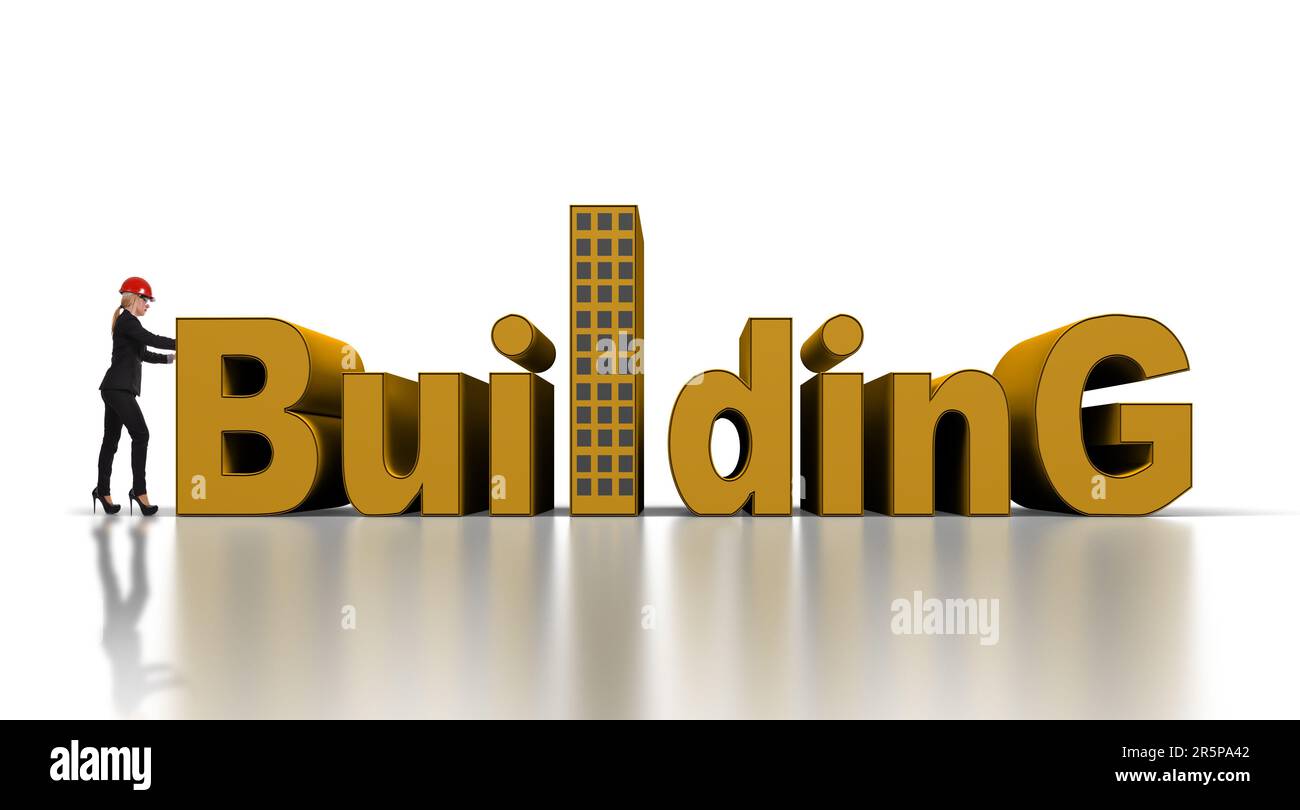 Engineer woman pushing big 3d text building Stock Photo - Alamy