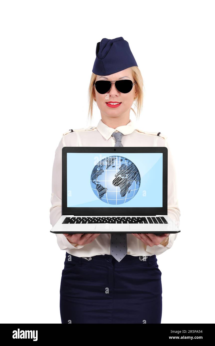 Flight attendant holding laptop with earth on screen Stock Photo - Alamy
