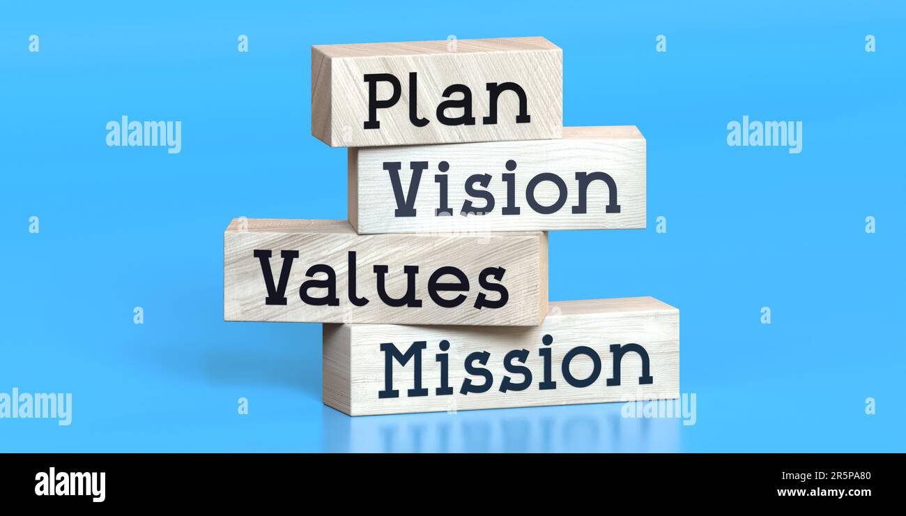 Plan, vision, values, mission - words on wooden blocks - 3D ...