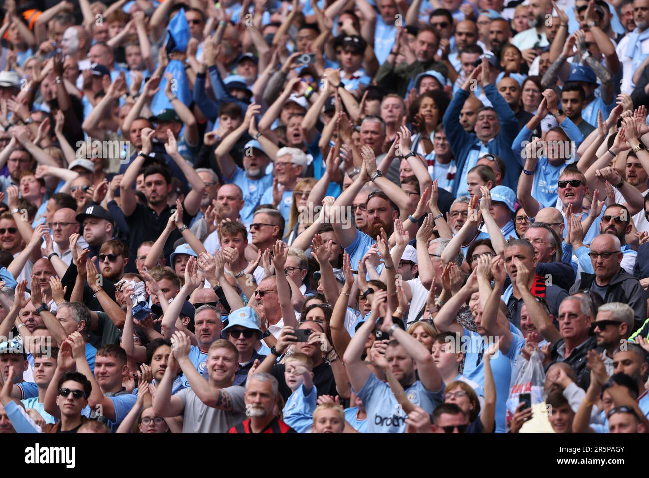 London, UK. 03rd June, 2023. Man City fans at the Emirates FA Cup Final ...