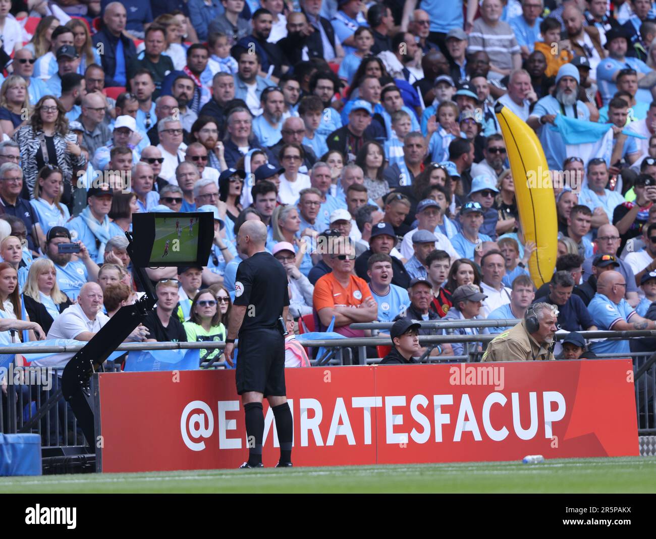 London, UK. 03rd June, 2023. Referee Paul Tierney looks at the VAR ...