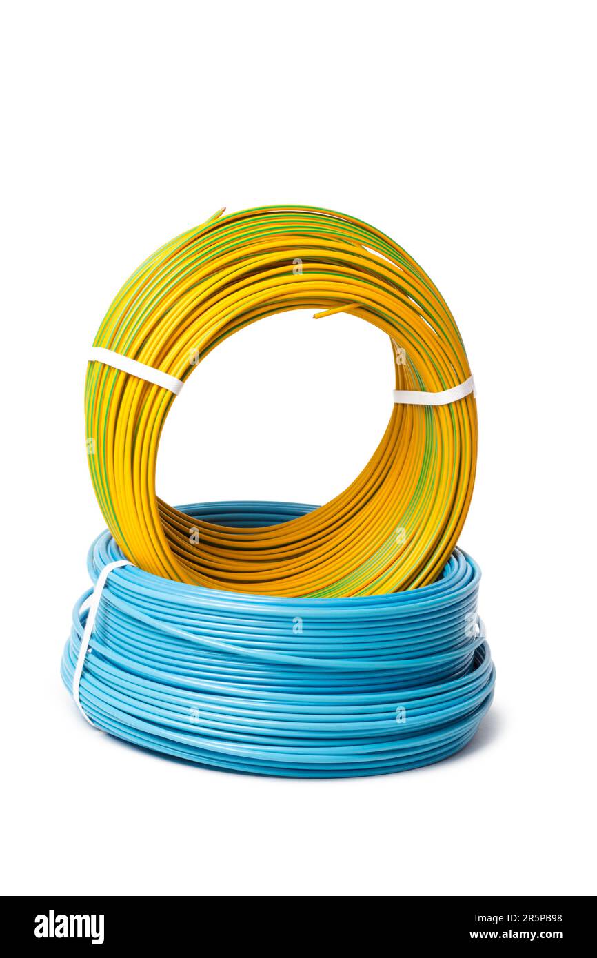 Electrical cable, energy and technology equipment isolated on white ...
