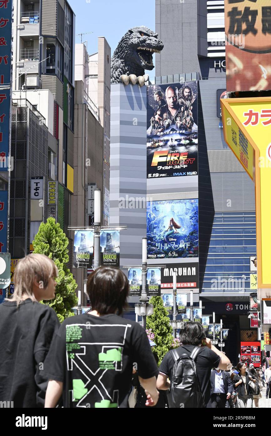 Photo taken on May 24, 2023, shows a life-size Godzilla replica from ...