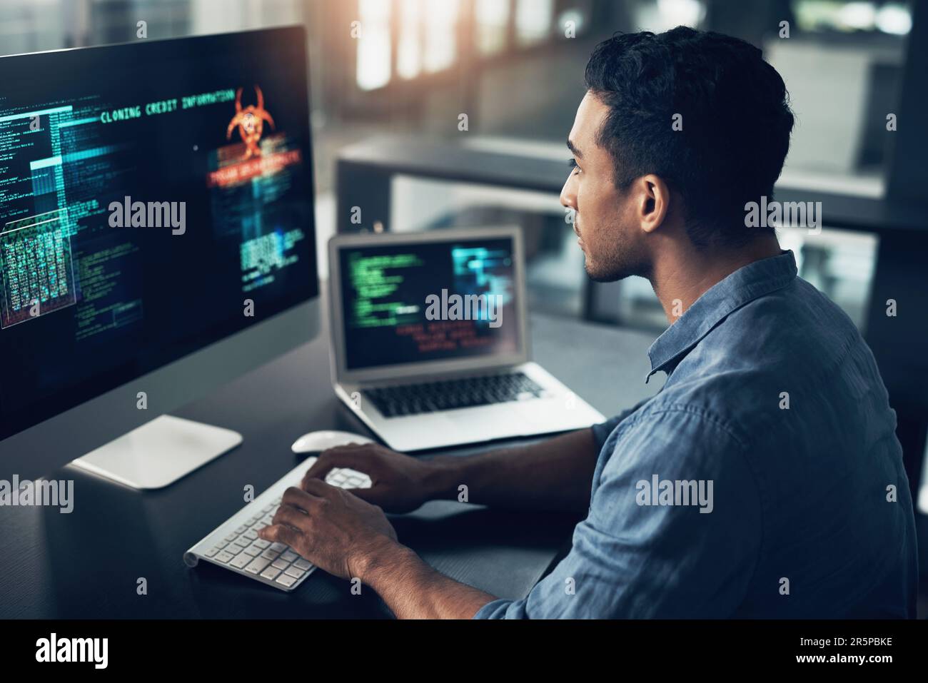 Programming Error And Man With Cyber Security Typing And Focus With Digital Software Scam And