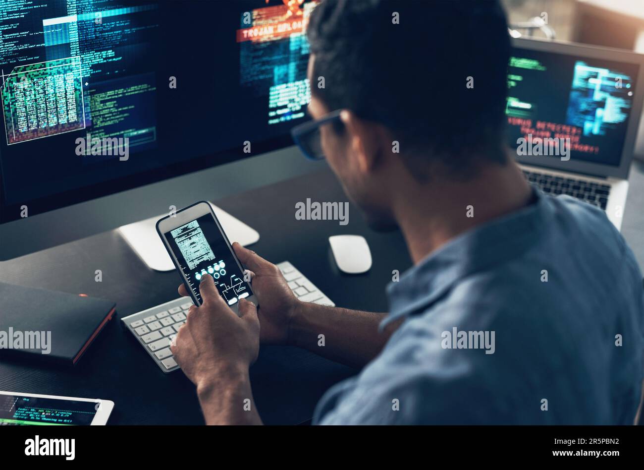 Programming, smartphone or man typing, cyber security or digital software with internet ...