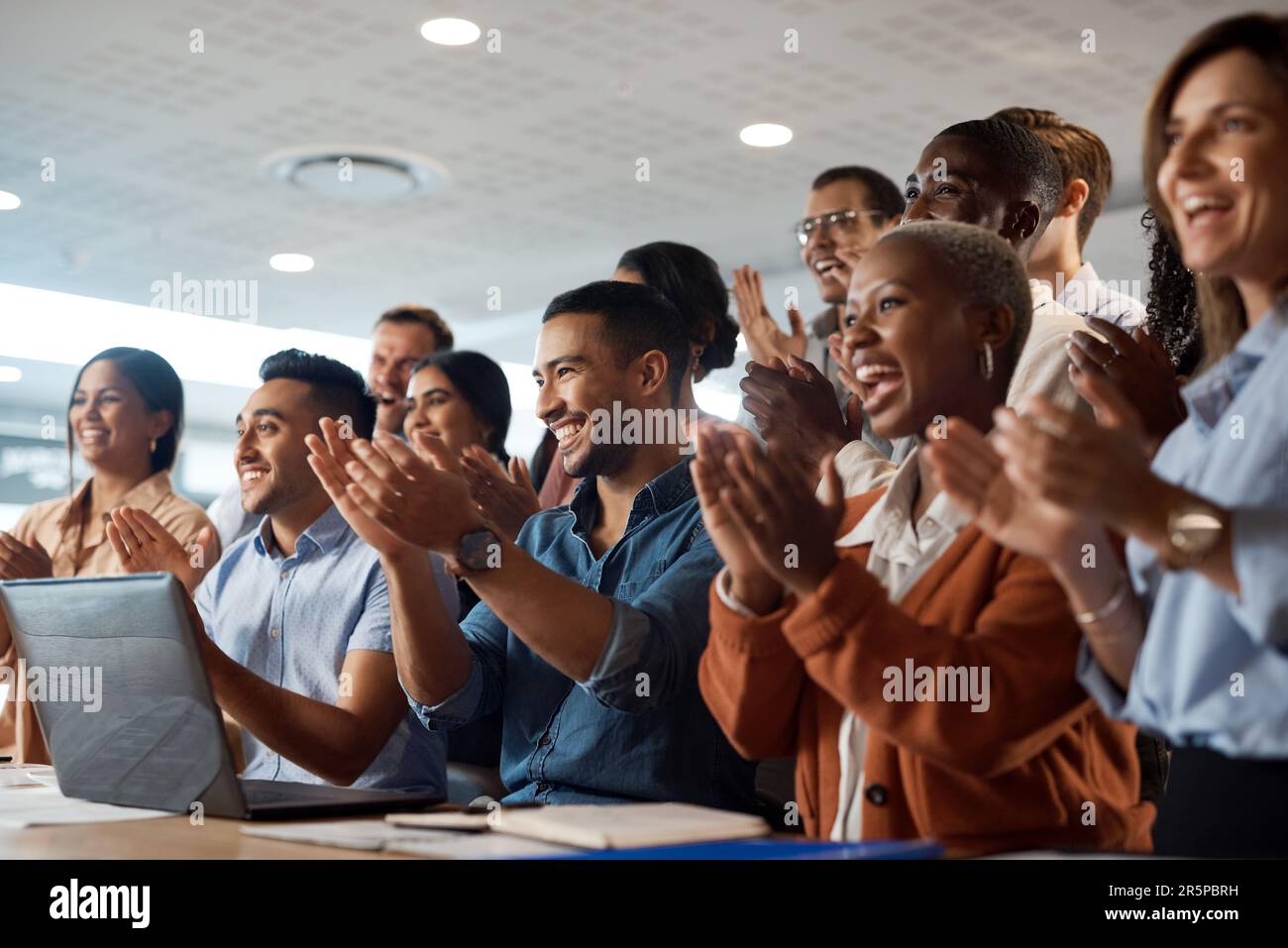 Applause, support and success with a business team clapping as an ...