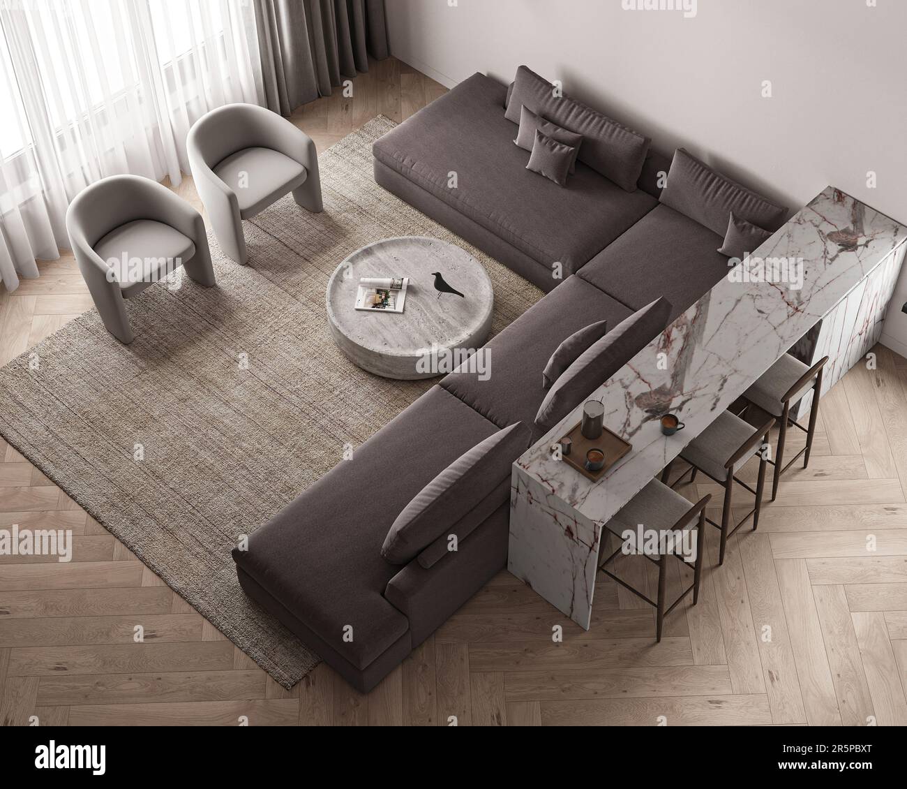 Top view of livingroom interior with large modular sofa, two cozy ...