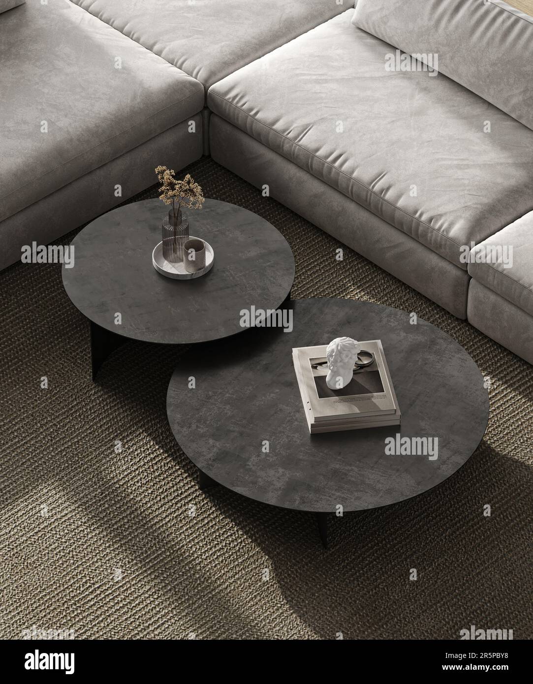 Modern grey minimalist interior livingroom with large modular sofa ...