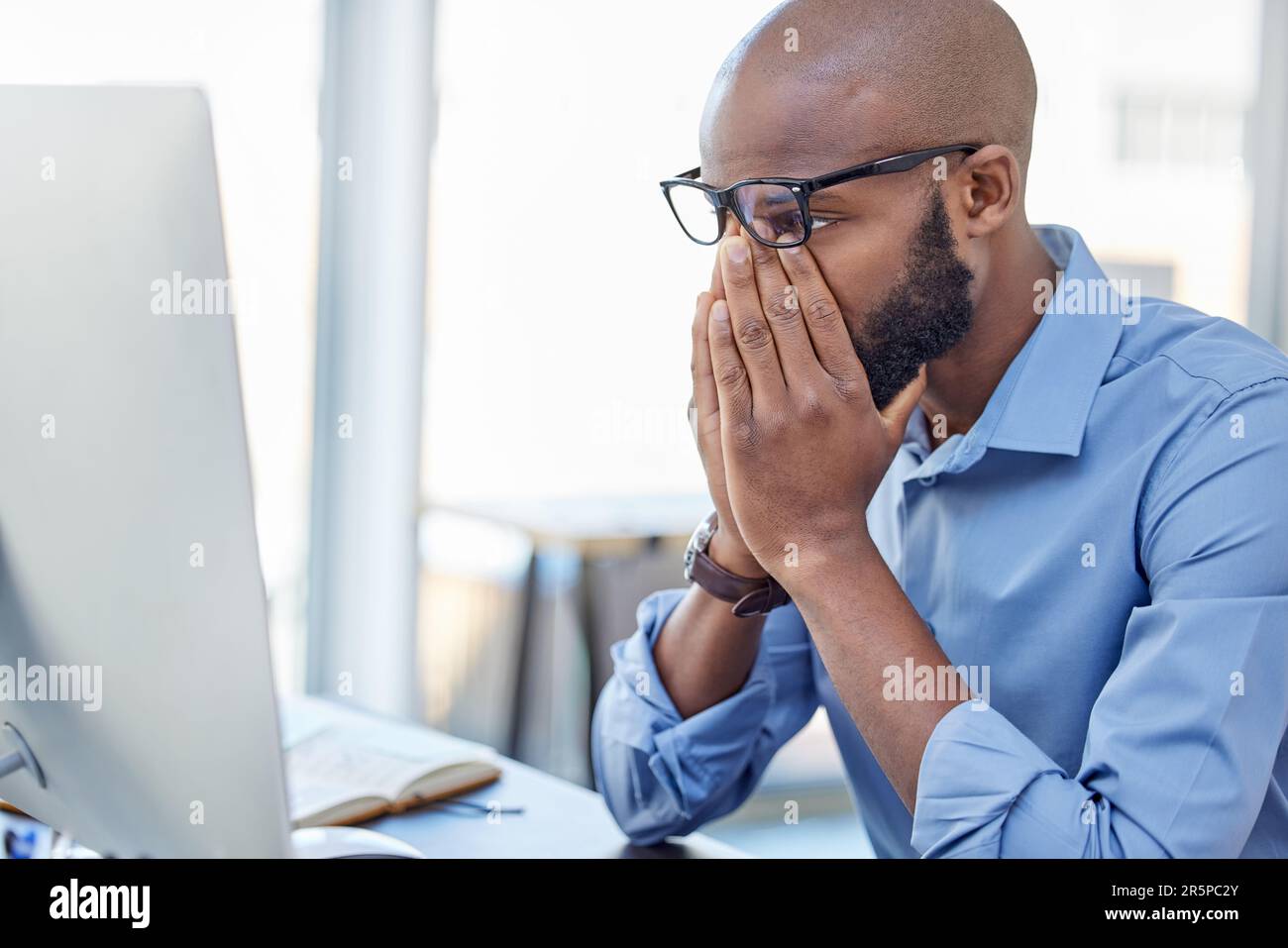 Mental health, businessman with stress and with computer at his desk of ...