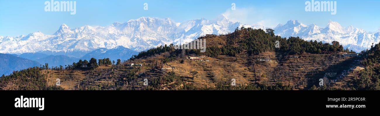 Himalaya, panoramic view of Indian Himalayas, great Himalayan range, Uttarakhand India, view ...