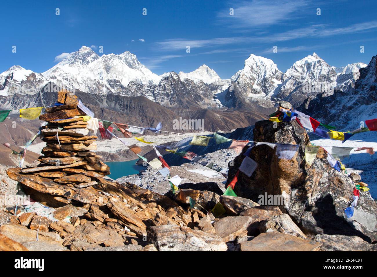 view of Mount Everest, Lhotse and Makalu with buddhist prayer flags ...