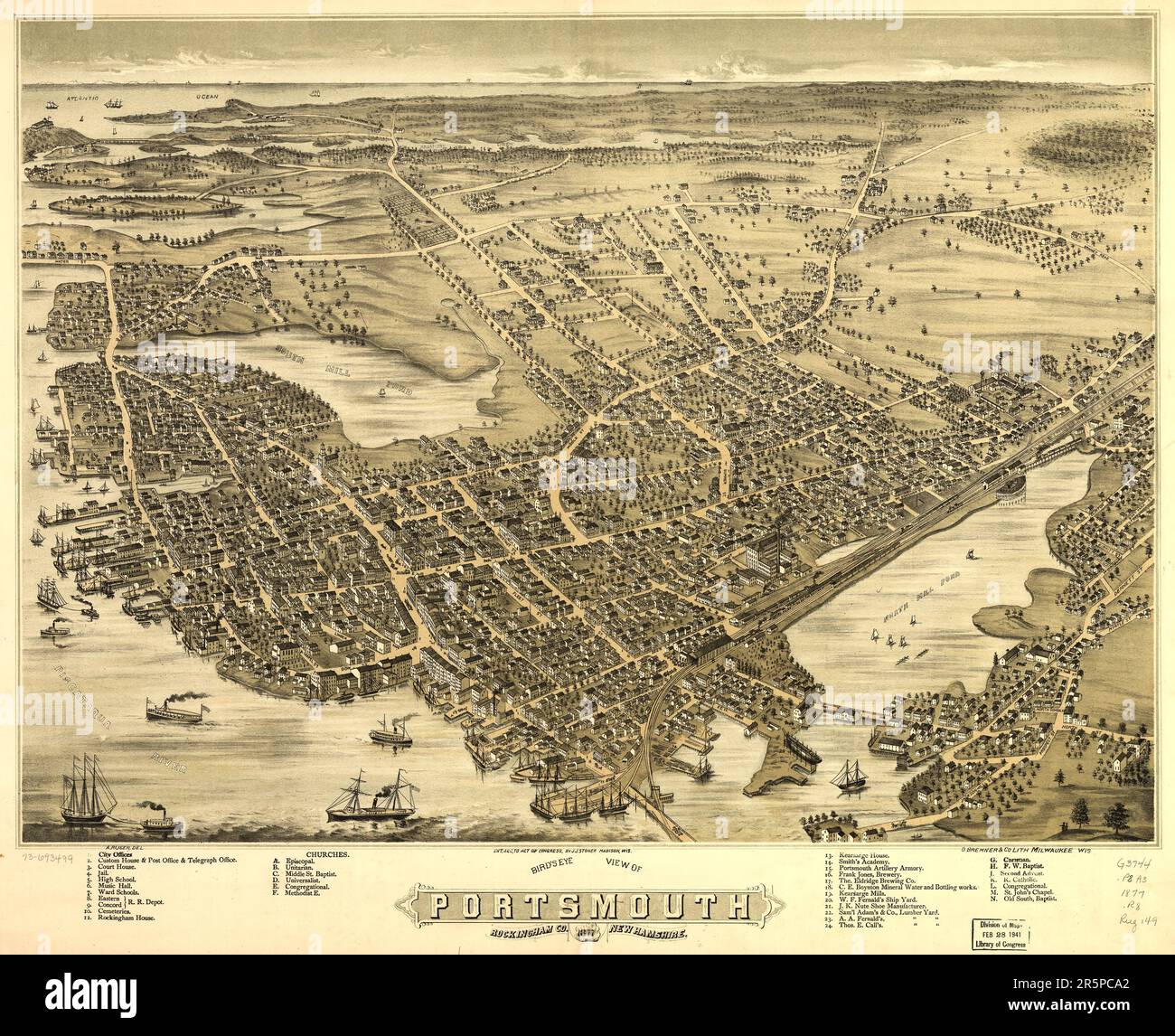 MAP Bird's eye view of Portsmouth, Rockingham Co., New Hampshire 1877 ...