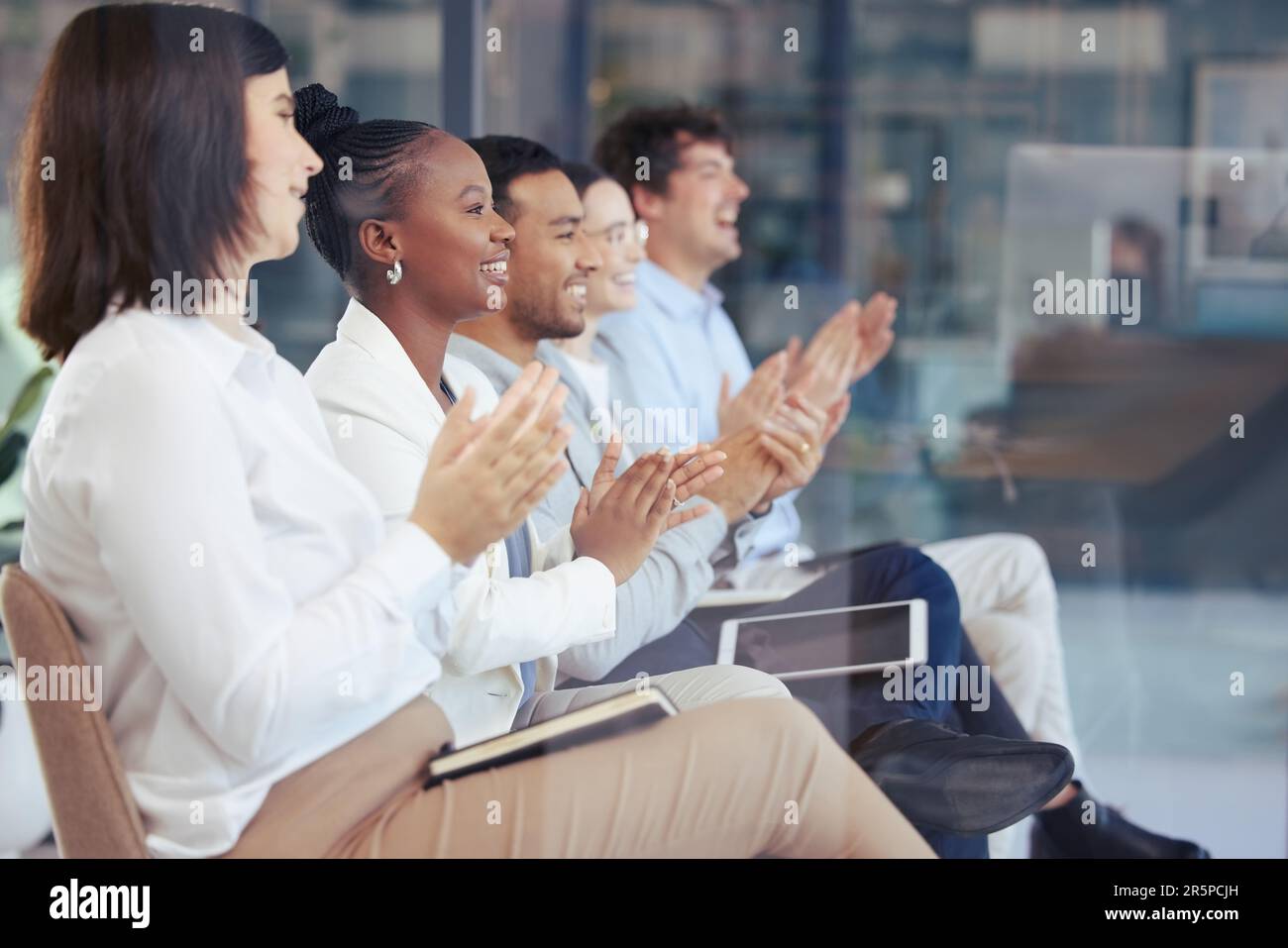 Business people, meeting and applause for presentation, motivation or ...