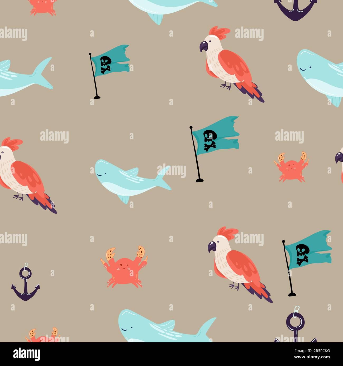 Pirate sea flat vector seamless pattern. Sailing backdrop. Anchor, map ...