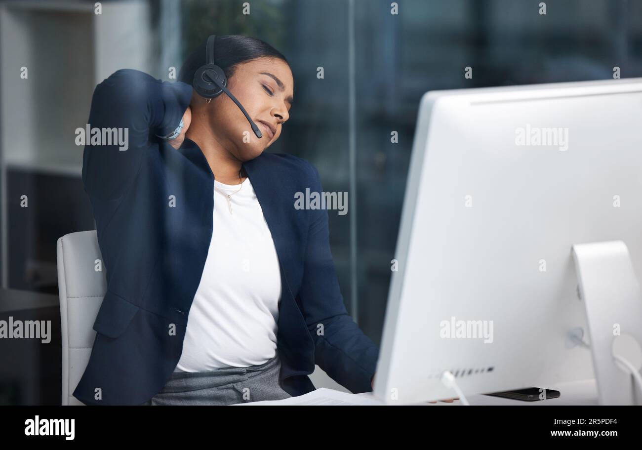 Call center, customer service and woman with back pain in the office ...