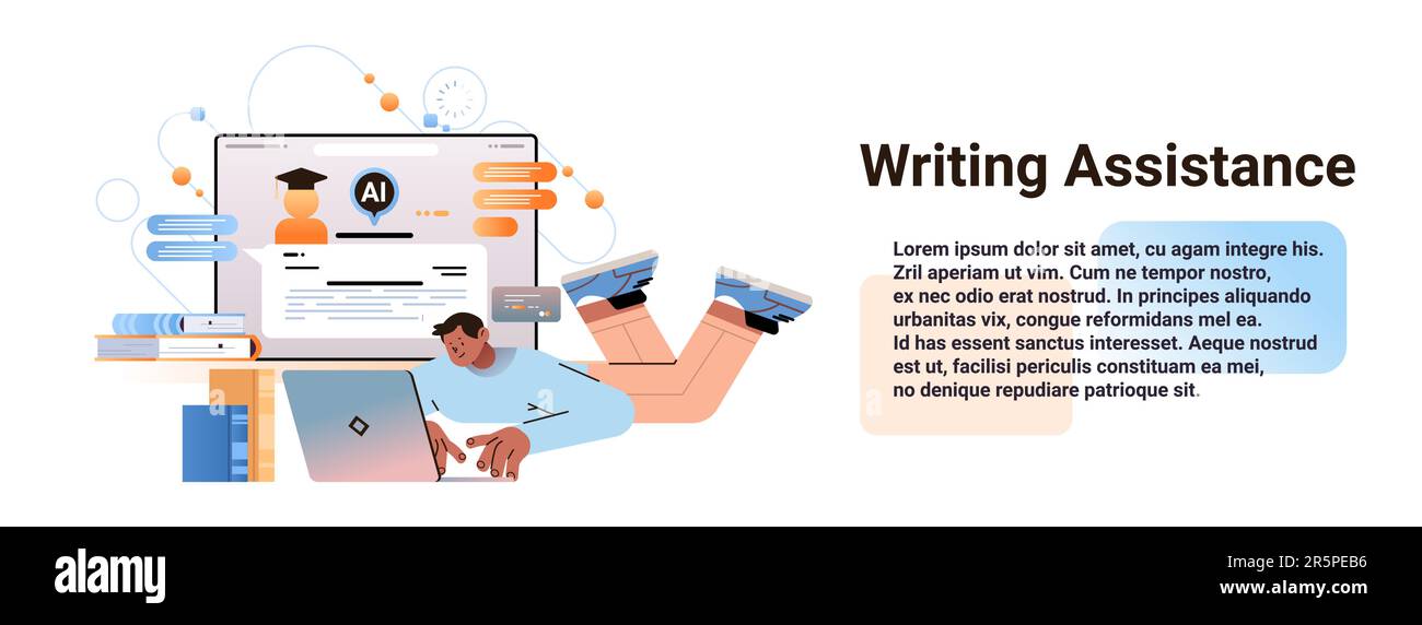 man student typing on laptop with virtual ai assistant writing ...