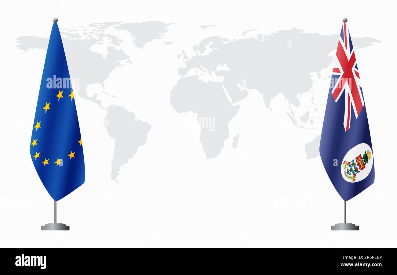 European Union and Cayman Islands flags for official meeting against ...