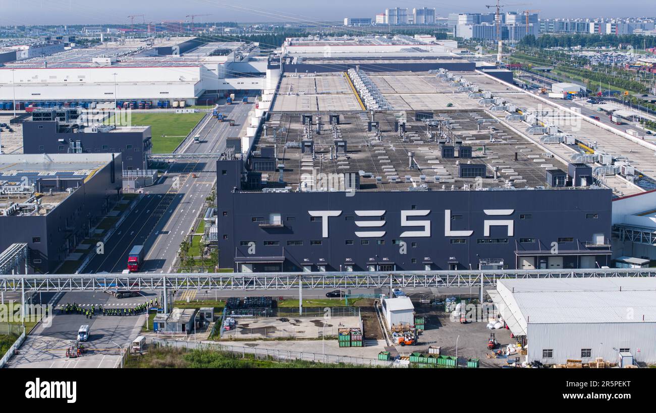 Aerial photos show the Tesla Gigafactory in Shanghai, China. 2nd June ...