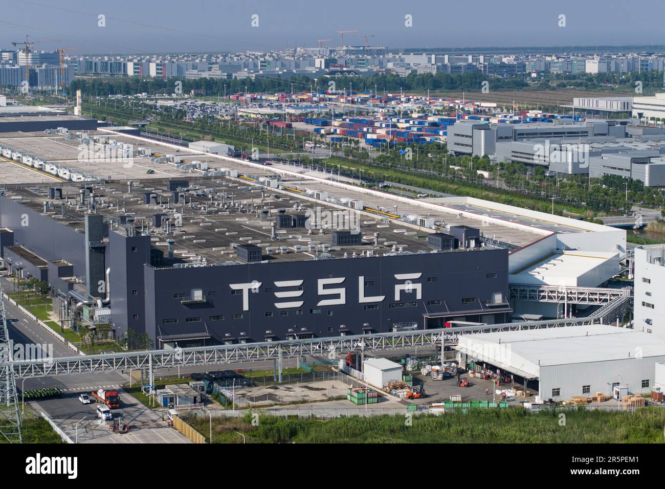 Aerial photos show the Tesla Gigafactory in Shanghai, China. 2nd June ...