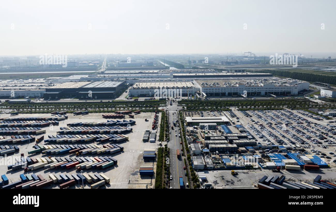Aerial photos show the Tesla Gigafactory in Shanghai, China. 2nd June ...