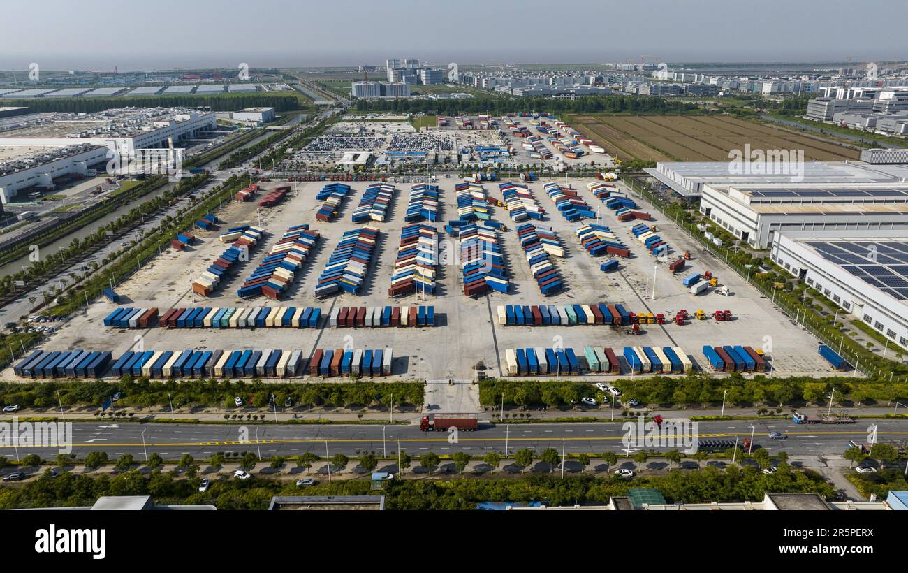 Aerial photos show the Tesla Gigafactory in Shanghai, China. 2nd June ...