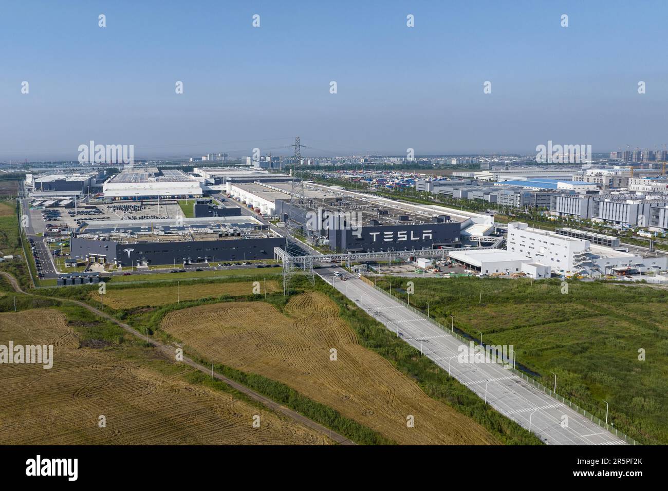 Aerial photos show the Tesla Gigafactory in Shanghai, China. 2nd June ...