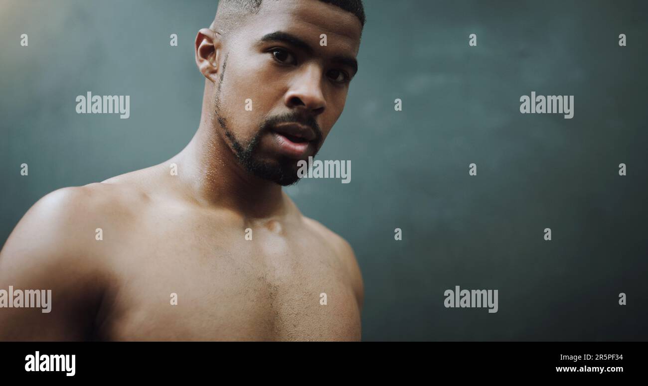 Wall background, bodybuilder and portrait of man in gym for training ...