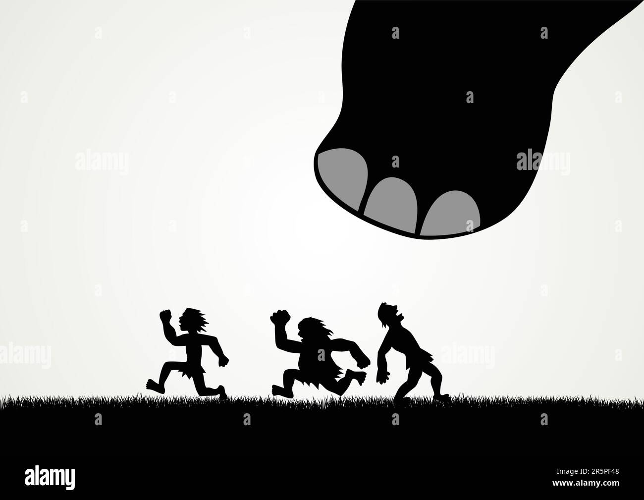 Funny cartoon of men fleeing panic from a giant dinosaur step Stock ...