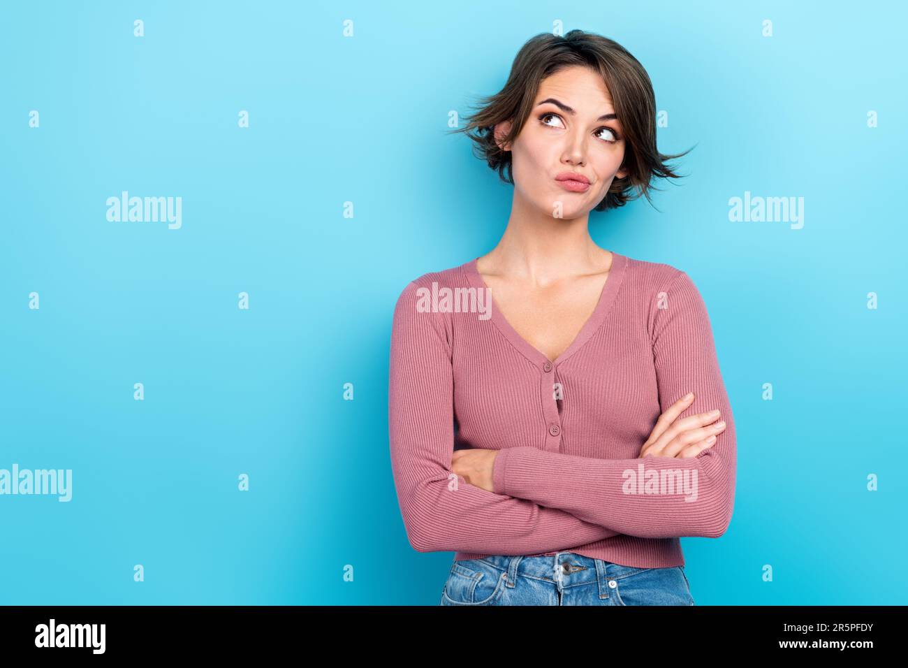 Photo of doubtful unsure lady wear pink cardigan smiling looking empty ...