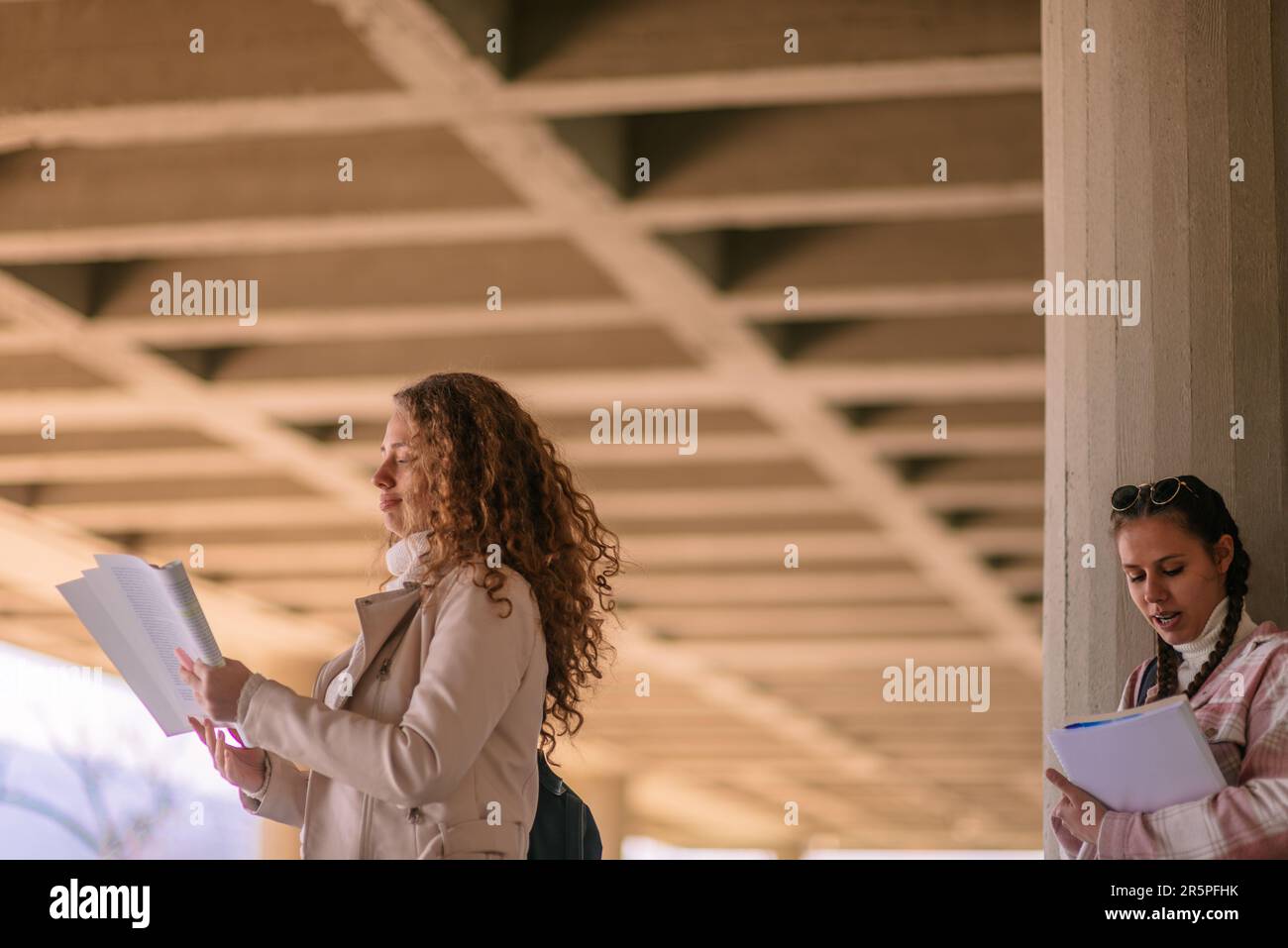 Girls walking and reading books at the school yard Stock Photo - Alamy