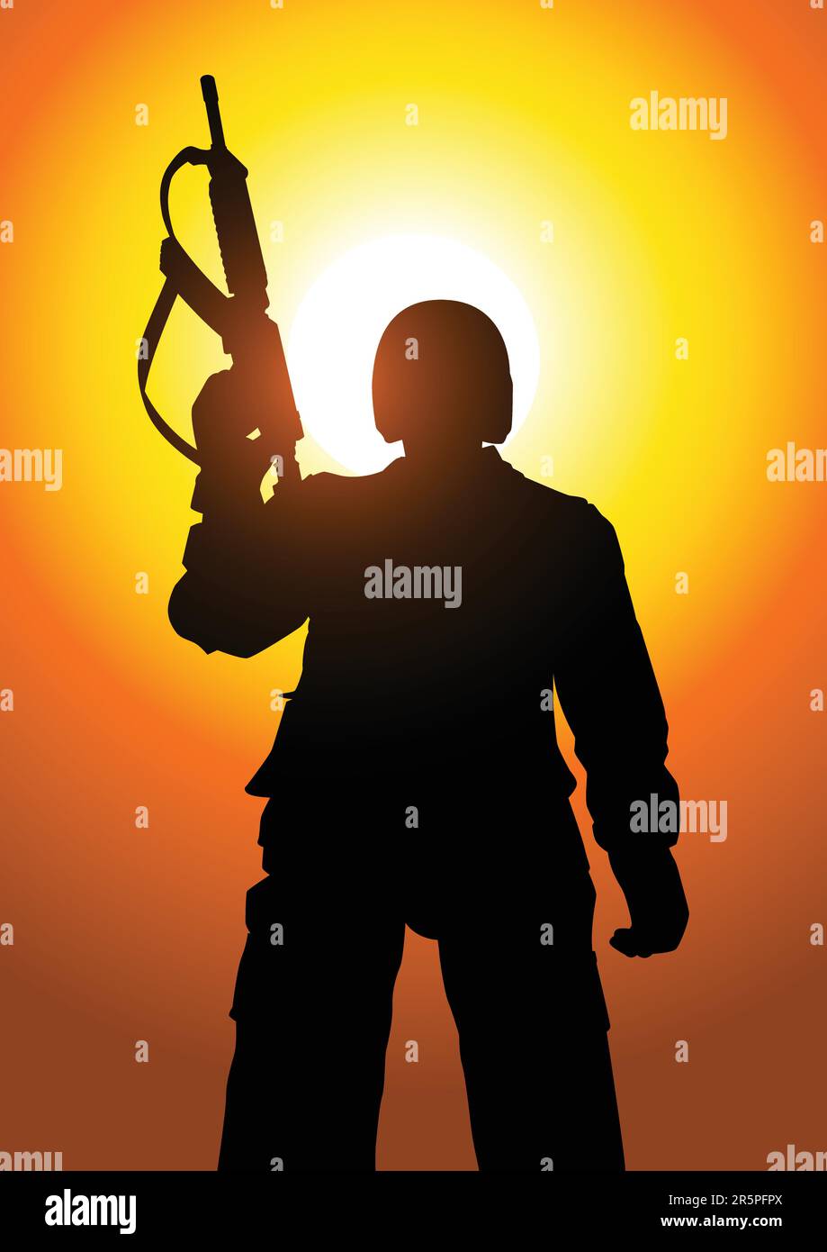 Silhouette illustration of a soldier from low angle shot Stock Vector ...