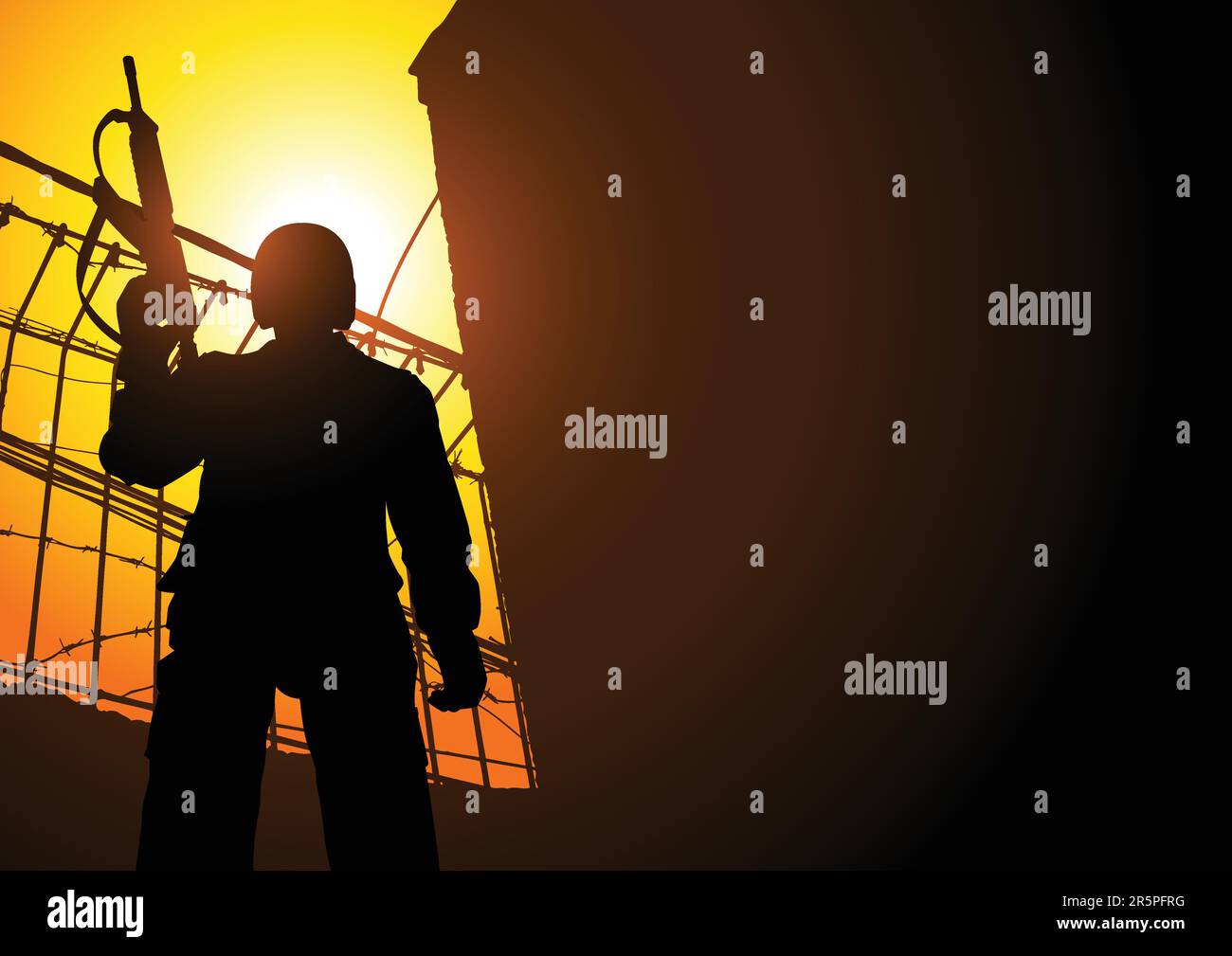 Silhouette illustration of a guard holding a machine gun from low angle ...
