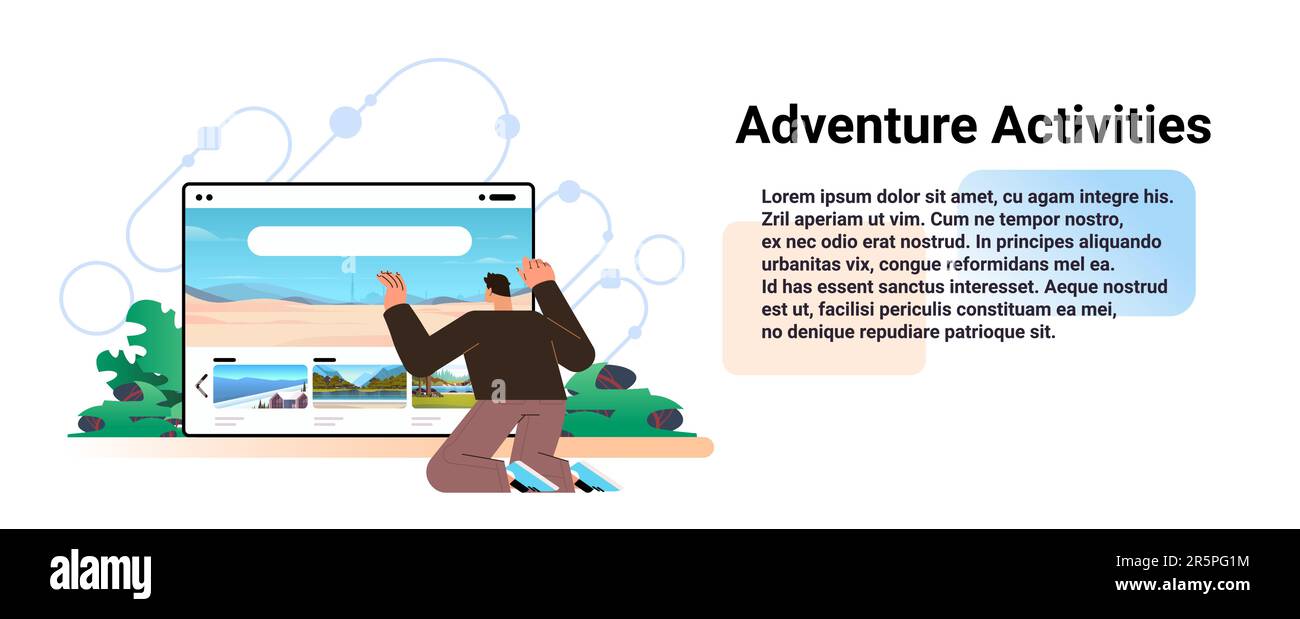man traveler choosing adventure activities in computer app travel ...