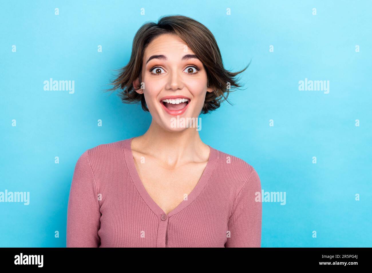 Photo of funny excited stunning lady open mouth listen good news wear ...