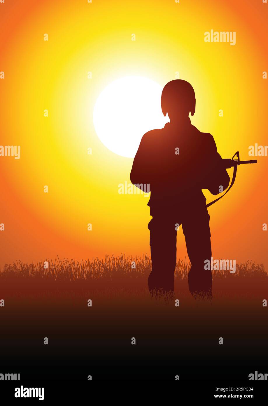 Silhouette illustration of a soldier standing on grass field Stock ...