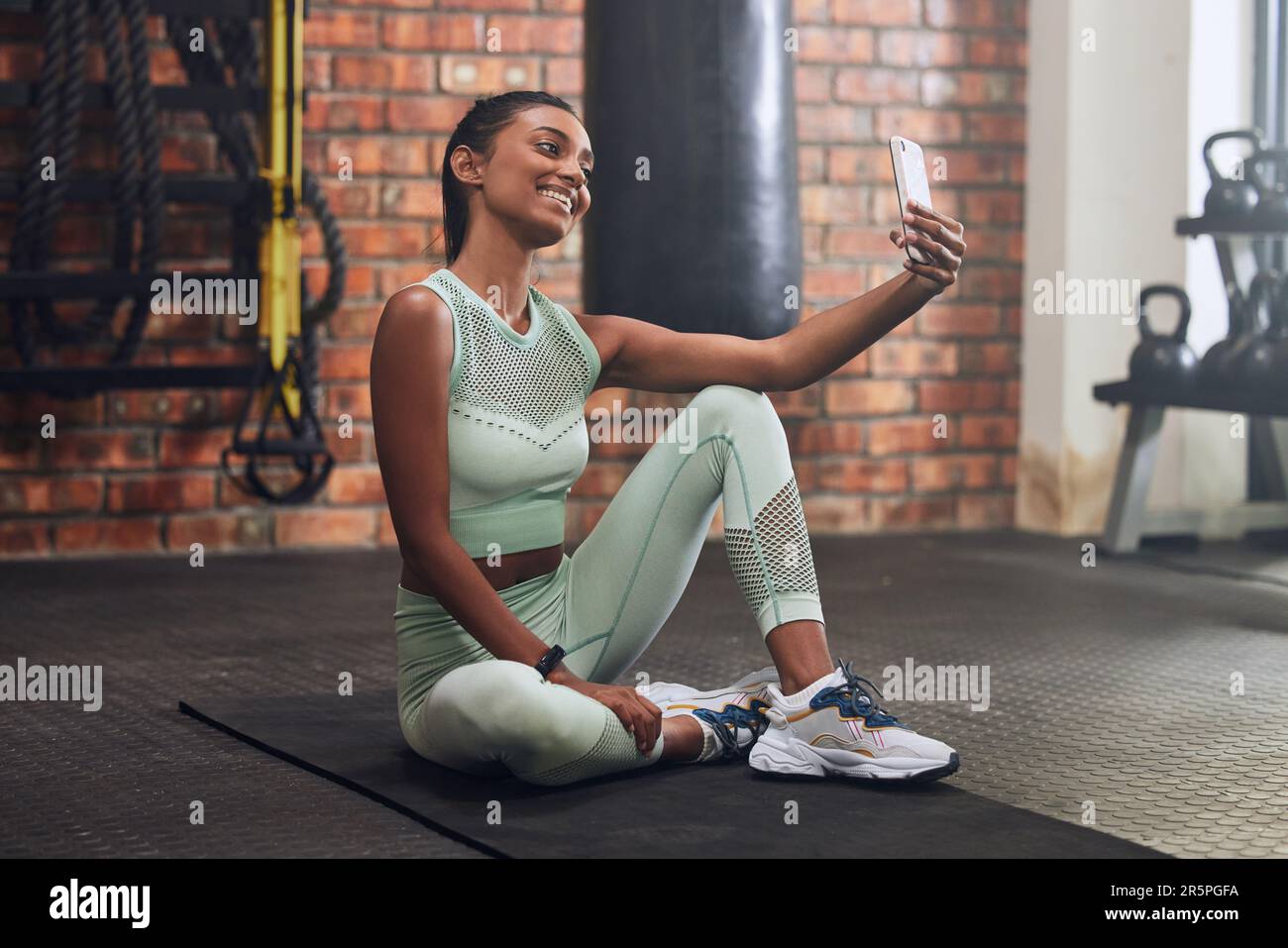 Gym, fitness or happy woman taking selfie on workout, exercise or ...