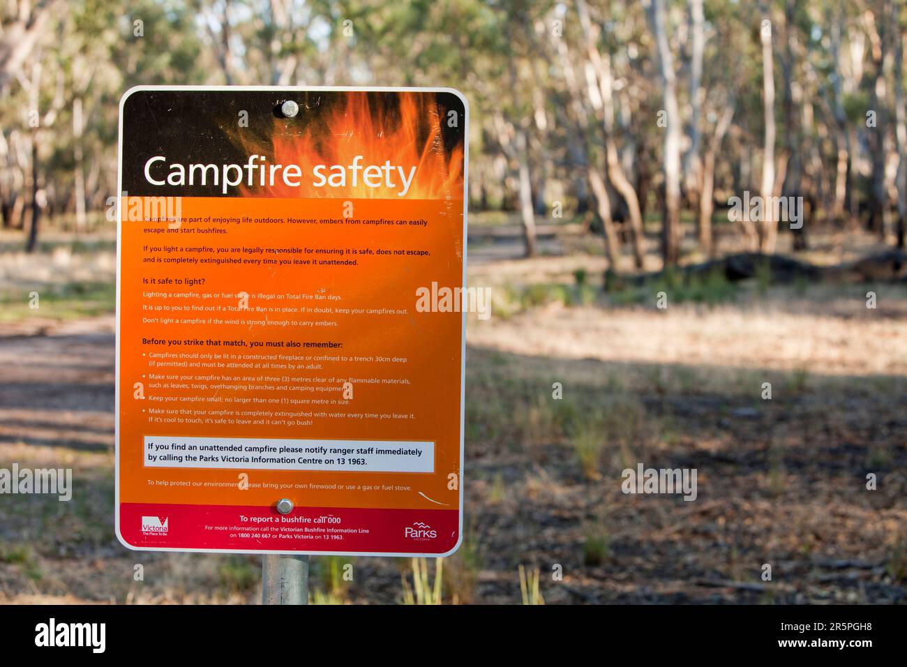 A campfire safety sign in the Barmah Forest near Echuca, Australia ...