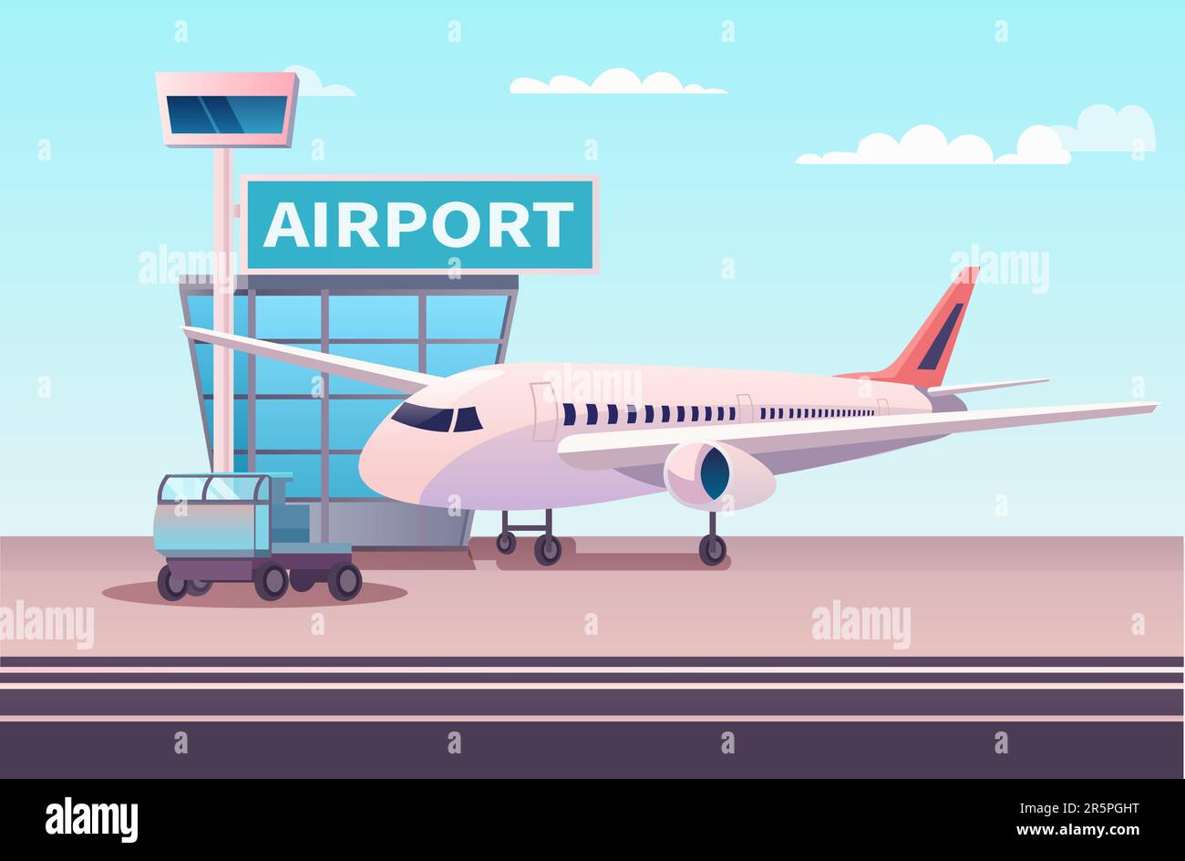 Airport terminal with aircraft flying plane taking off summer vacation ...