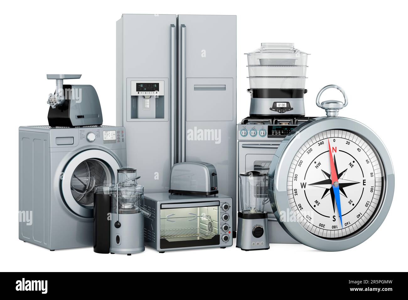 Set of kitchen and home appliances with compass, 3D rendering isolated ...