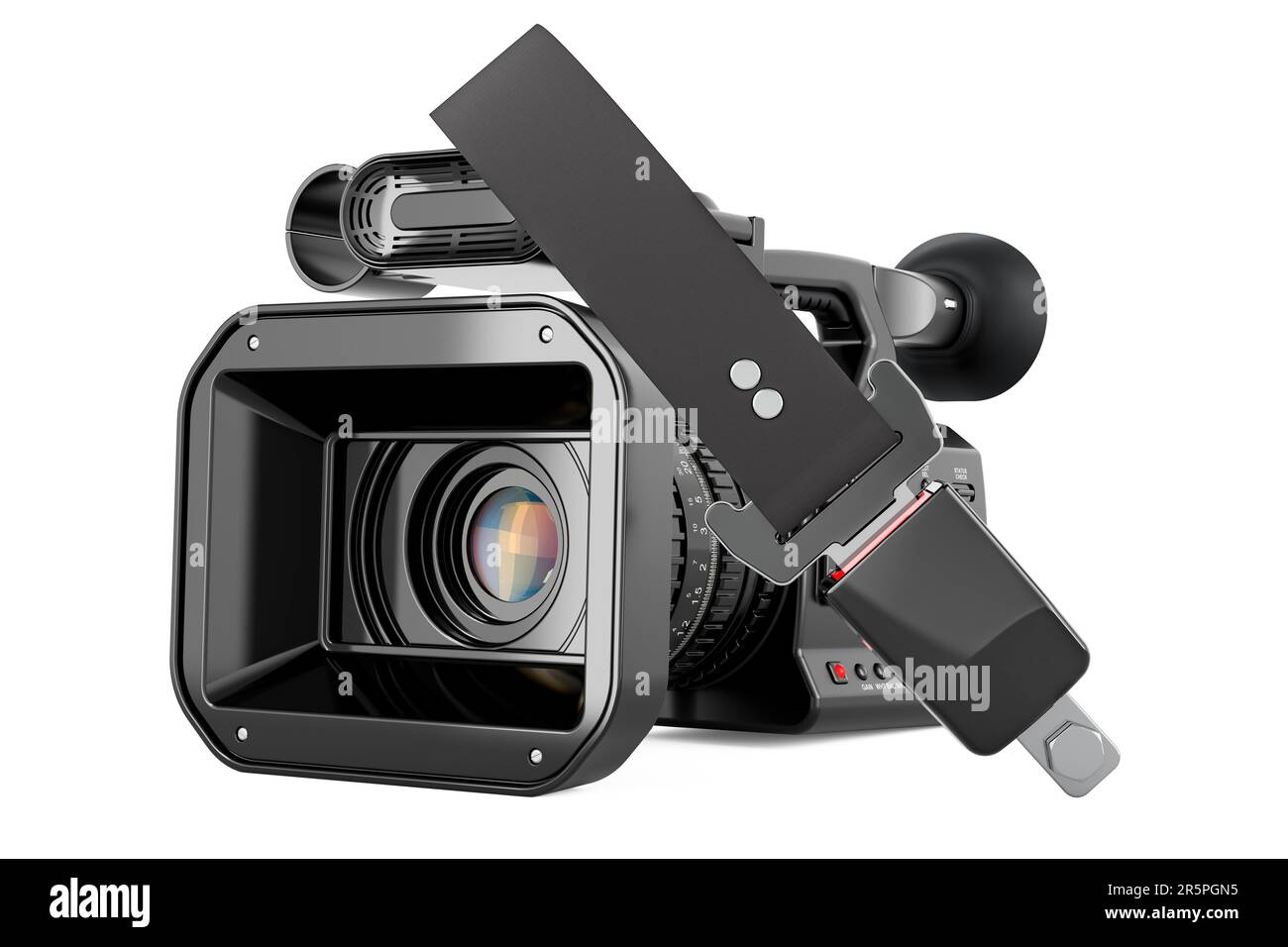 Professional video camera with safety belt, 3D rendering isolated on ...