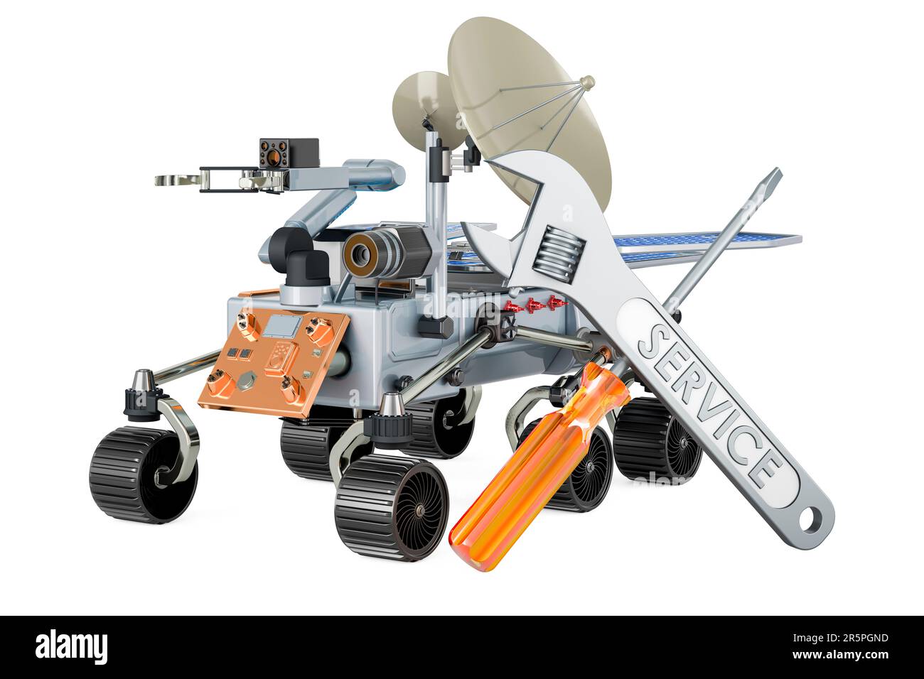 Planetary rover with screwdriver and wrench, 3D rendering isolated on ...
